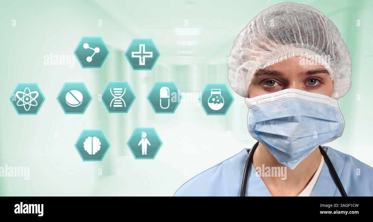 Multiple medical icons against portrait of female surgeon wearing face ...