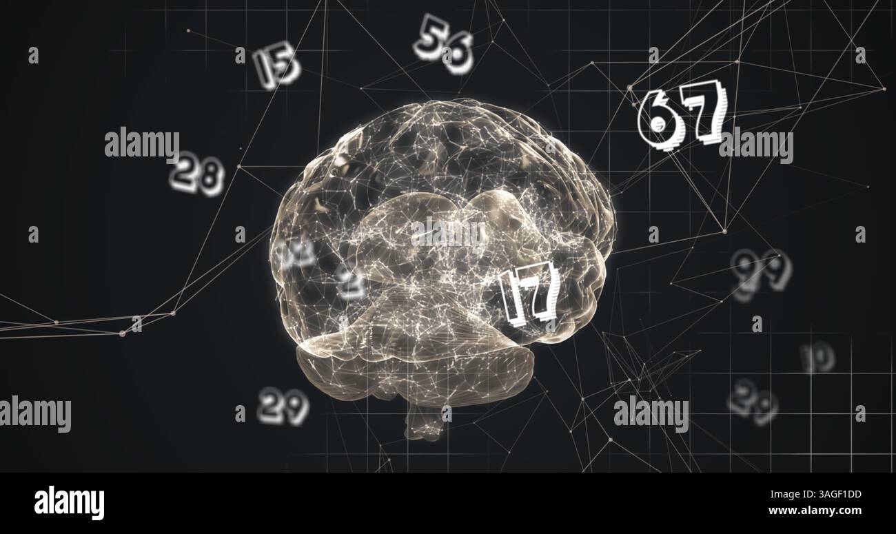 Multiple numbers floating and network of connections against spinning ...