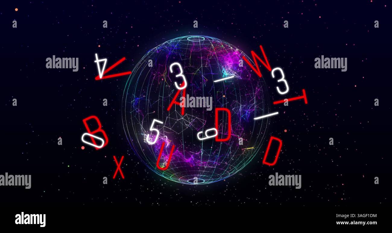 Multiple changing numbers and alphabets against spinning globe of network of connections Stock ...