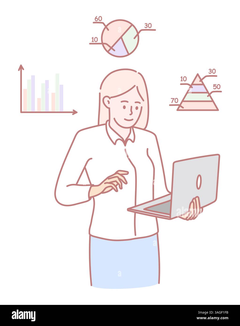 A woman uses a laptop for data analysis, incorporating charts and ...