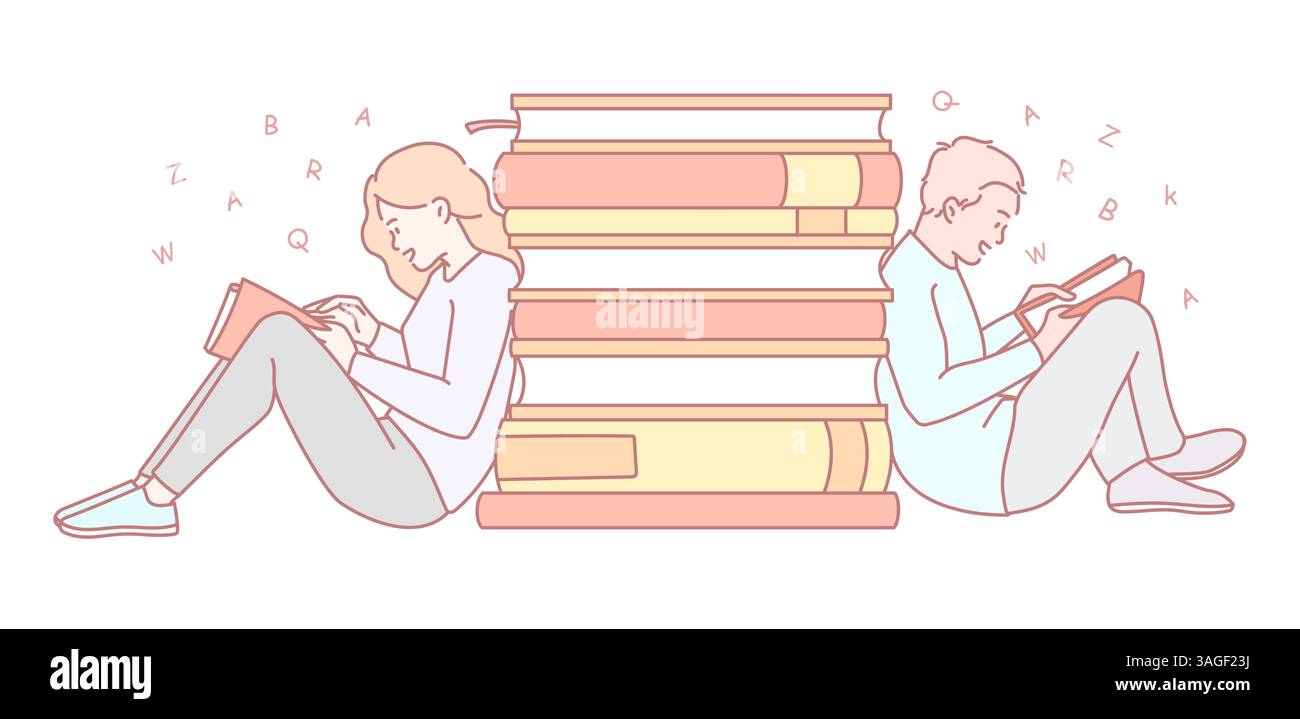 Two young individuals are deeply immersed in their reading activities ...