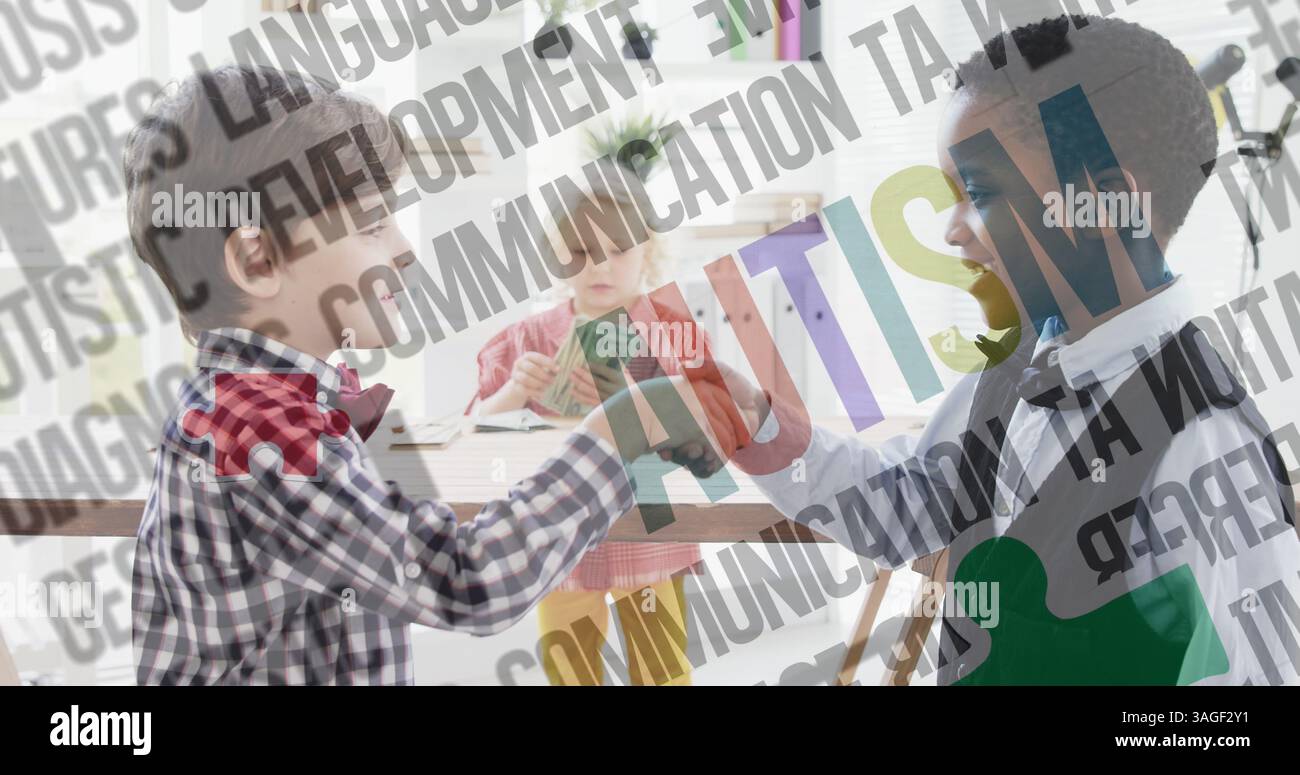 Image of puzzles falling over autism awareness text and schoolboys ...