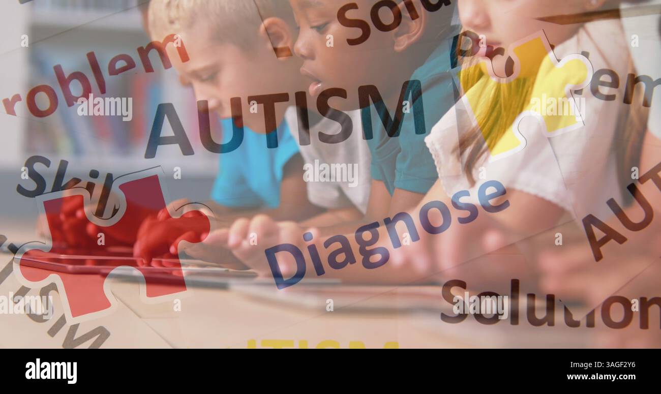 Image of puzzles falling over autism text and school children Stock ...