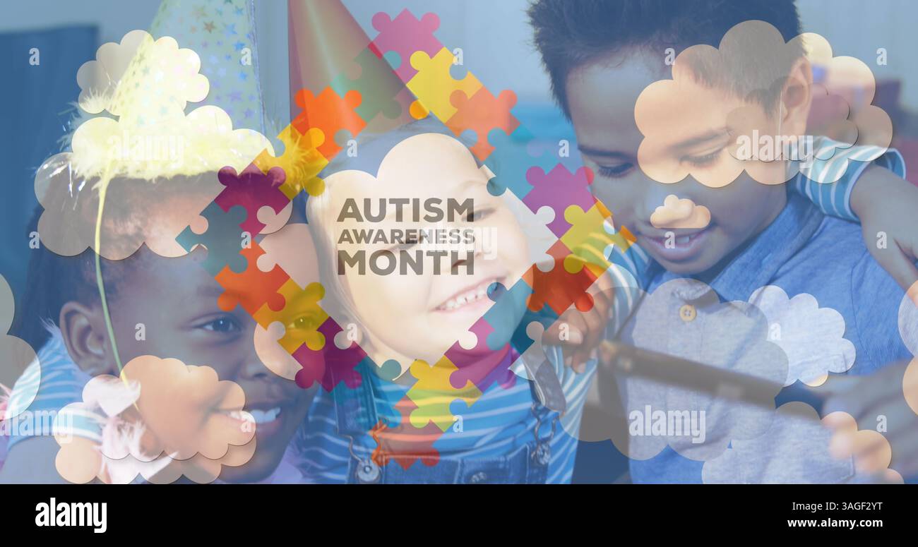 Image of autism awareness month text frame formed with puzzles over ...
