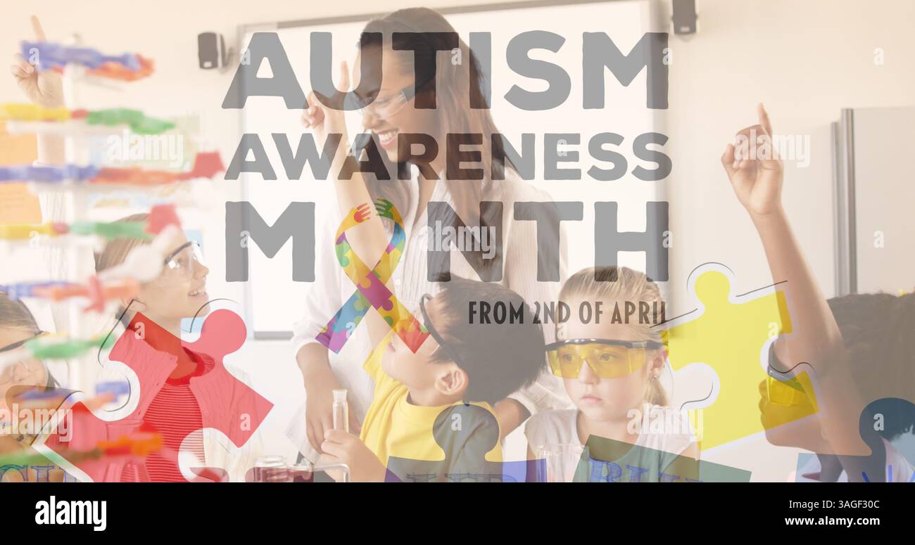 Image of puzzles falling, autism awareness month text over female ...