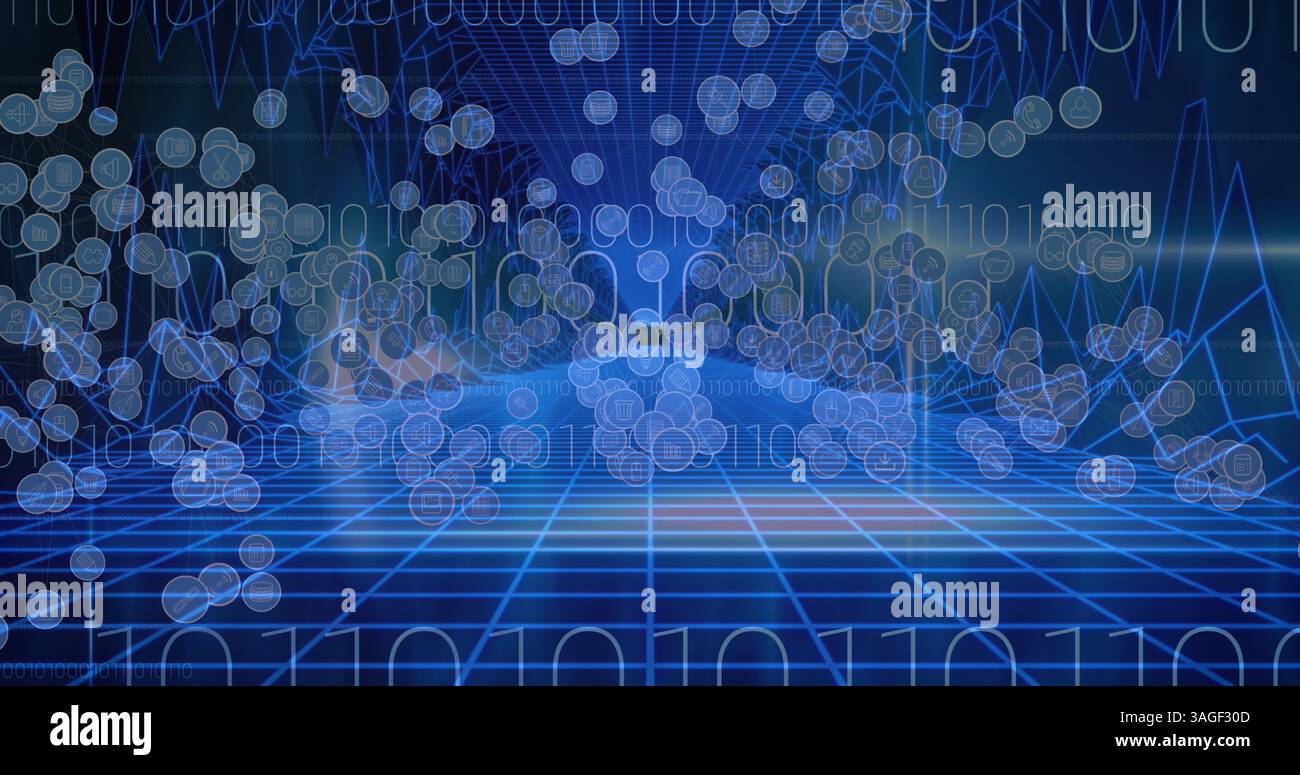 Image of digital icons over binary coding on blue background Stock Photo - Alamy
