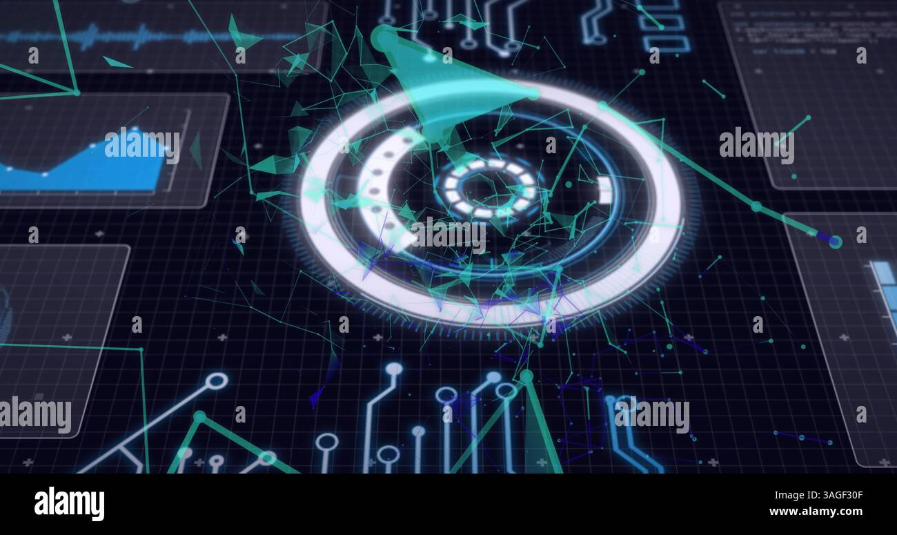 Image of interface with circular scope,motherboard and information moving on black background ...