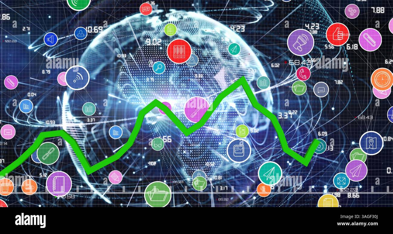 Image of digital icons and green line processing over globe with ...