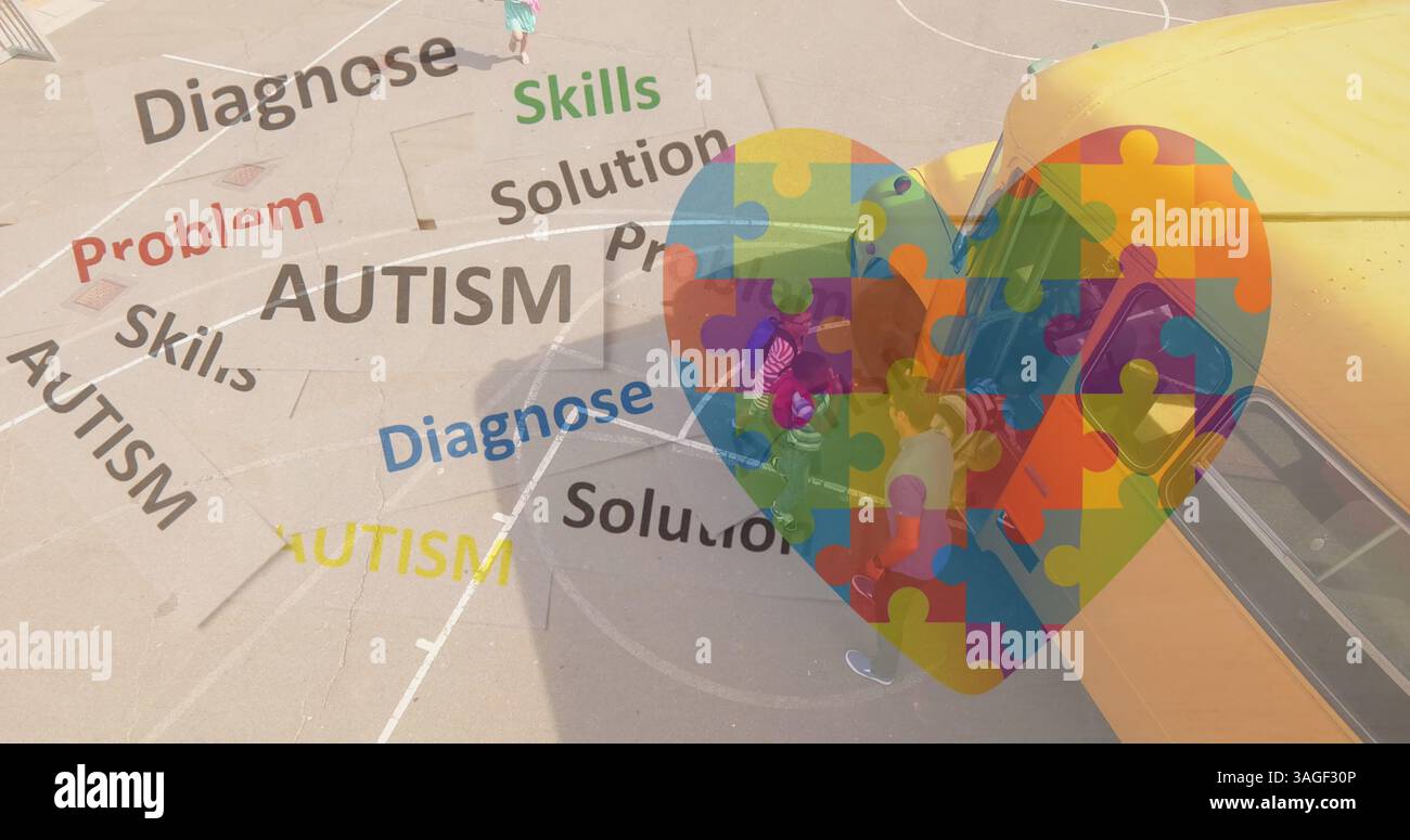 Image of autism awareness text and heart formed with puzzles over ...