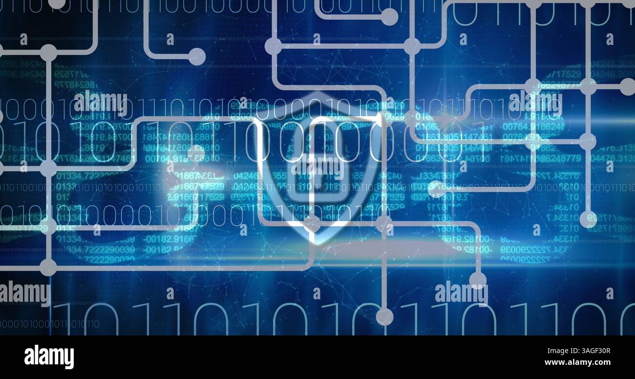 Image of digital online security padlock icon, binary coding over ...