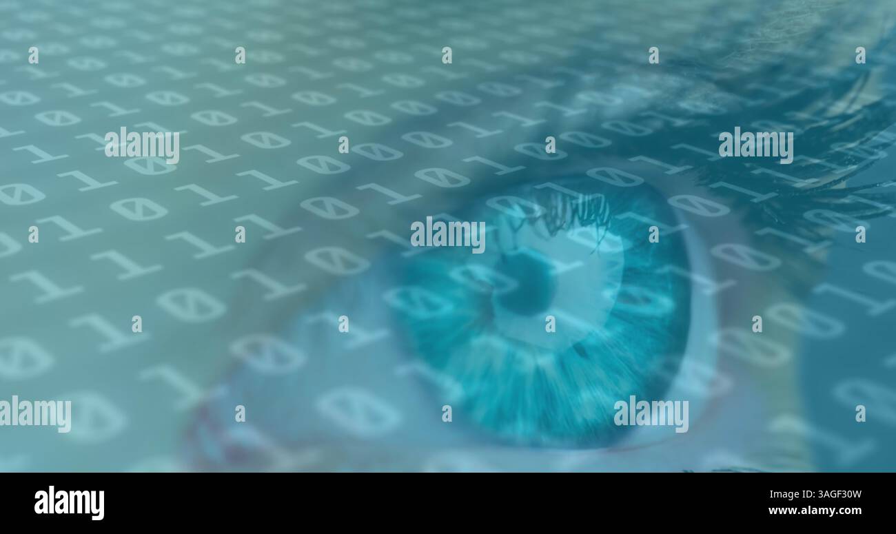 Image of woman's blue eye with changing white binary numbers Stock ...