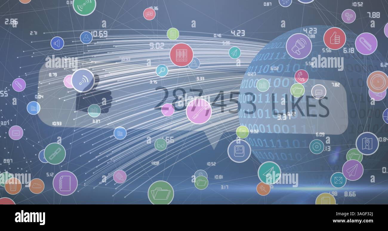 Image of speech bubble with likes and numbers, digital icons over globe with binary coding Stock ...