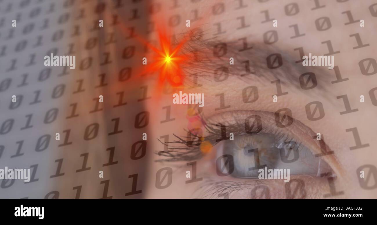 Image of binary coding processing with glowing spot over woman's eye ...