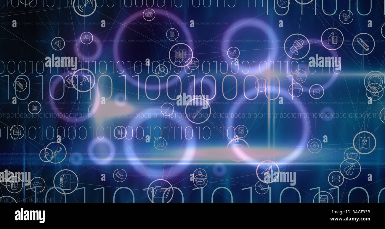 Image of digital icons and binary coding over purple glowing circles in ...