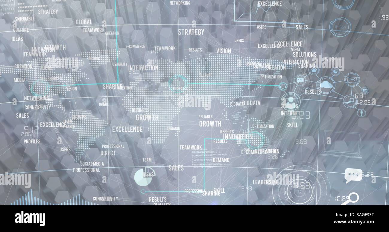 Image of digital icons and business text over world map on 3d white ...