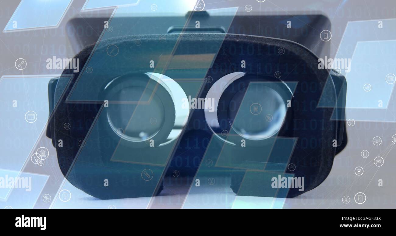 Image of digital icons over screens and vr headset in background Stock ...