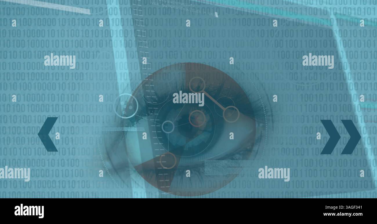 Image of interface with scope scanning woman's eye and fast scrolling ...