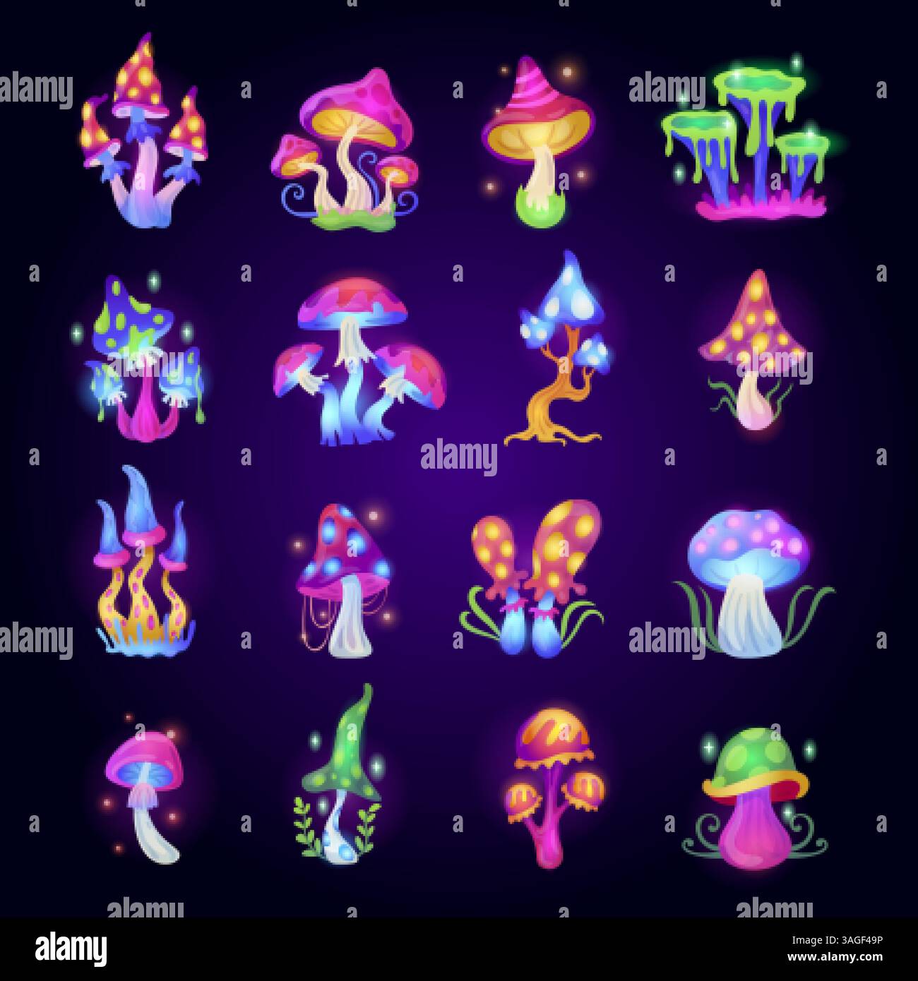 Cartoon fantasy mushrooms. Magic alien hallucinogenic mushroom, bizarre ...