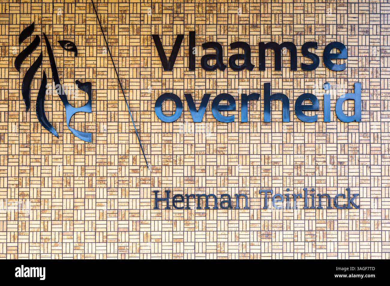 Logo of the Flemish government at the rectangular facade of the Herman ...