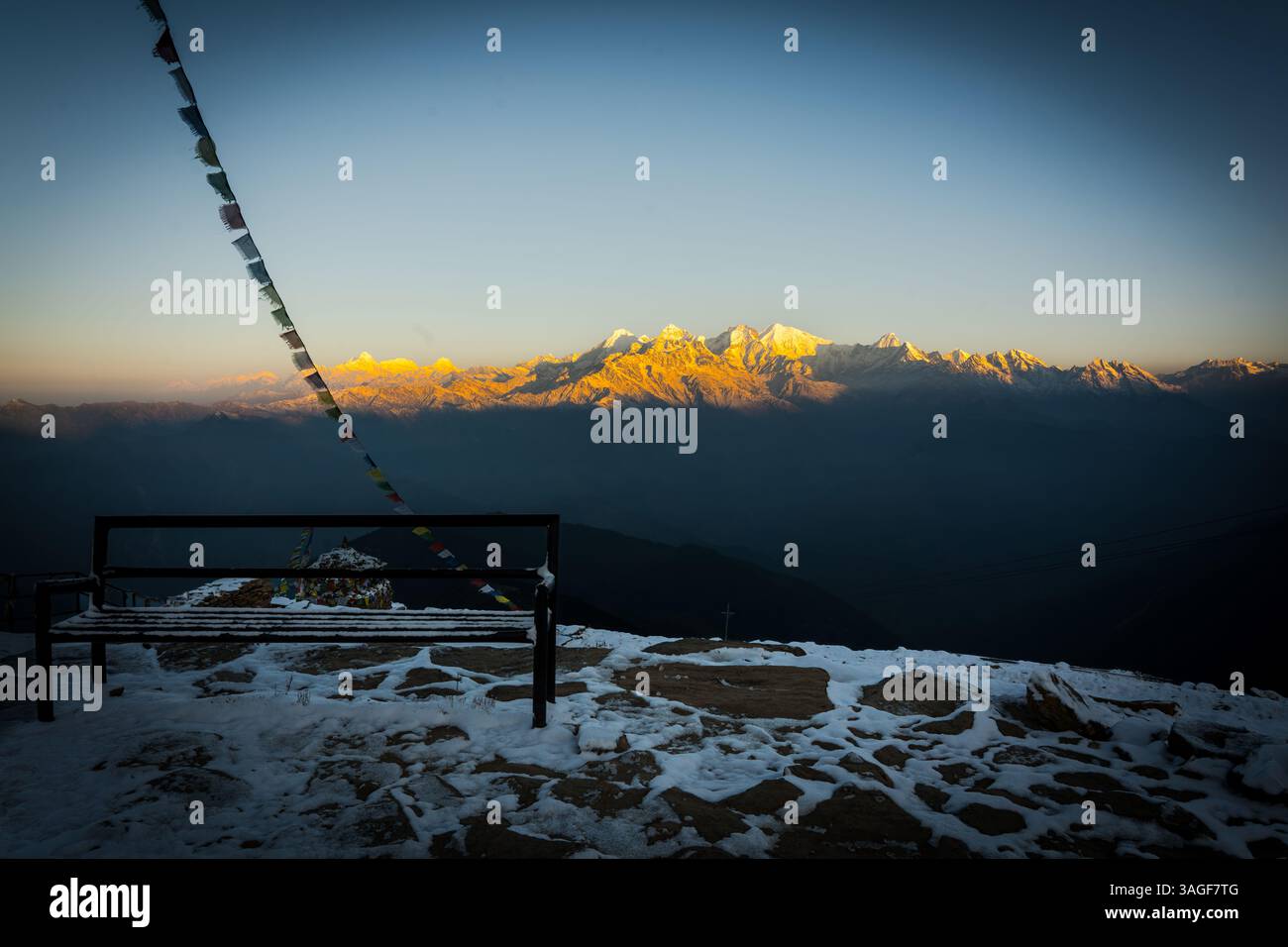 Early Morning Sunrise and Snowy Mountain Tops of Nepal with prayer ...