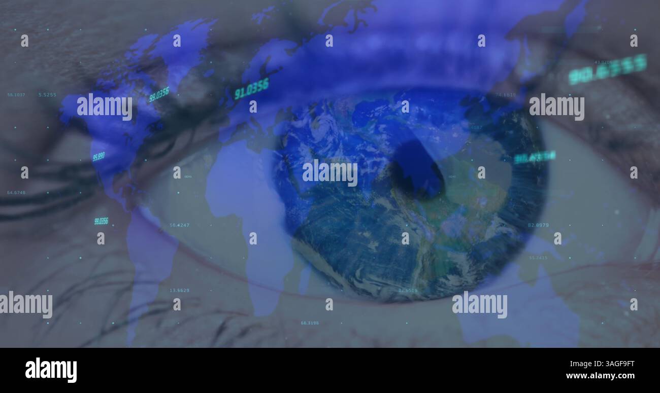 Image of numbers changing with world map over woman's eye in background ...