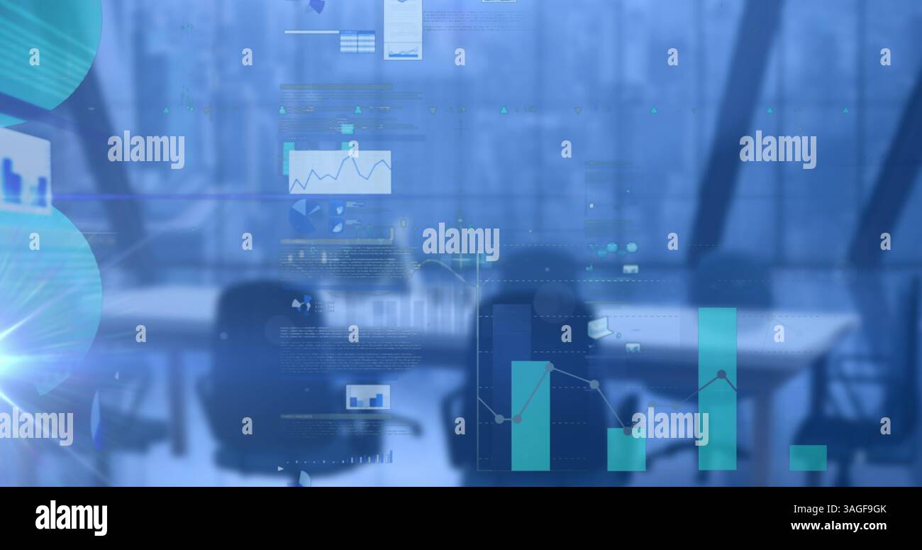Image of data processing with statistics over empty office on blue ...