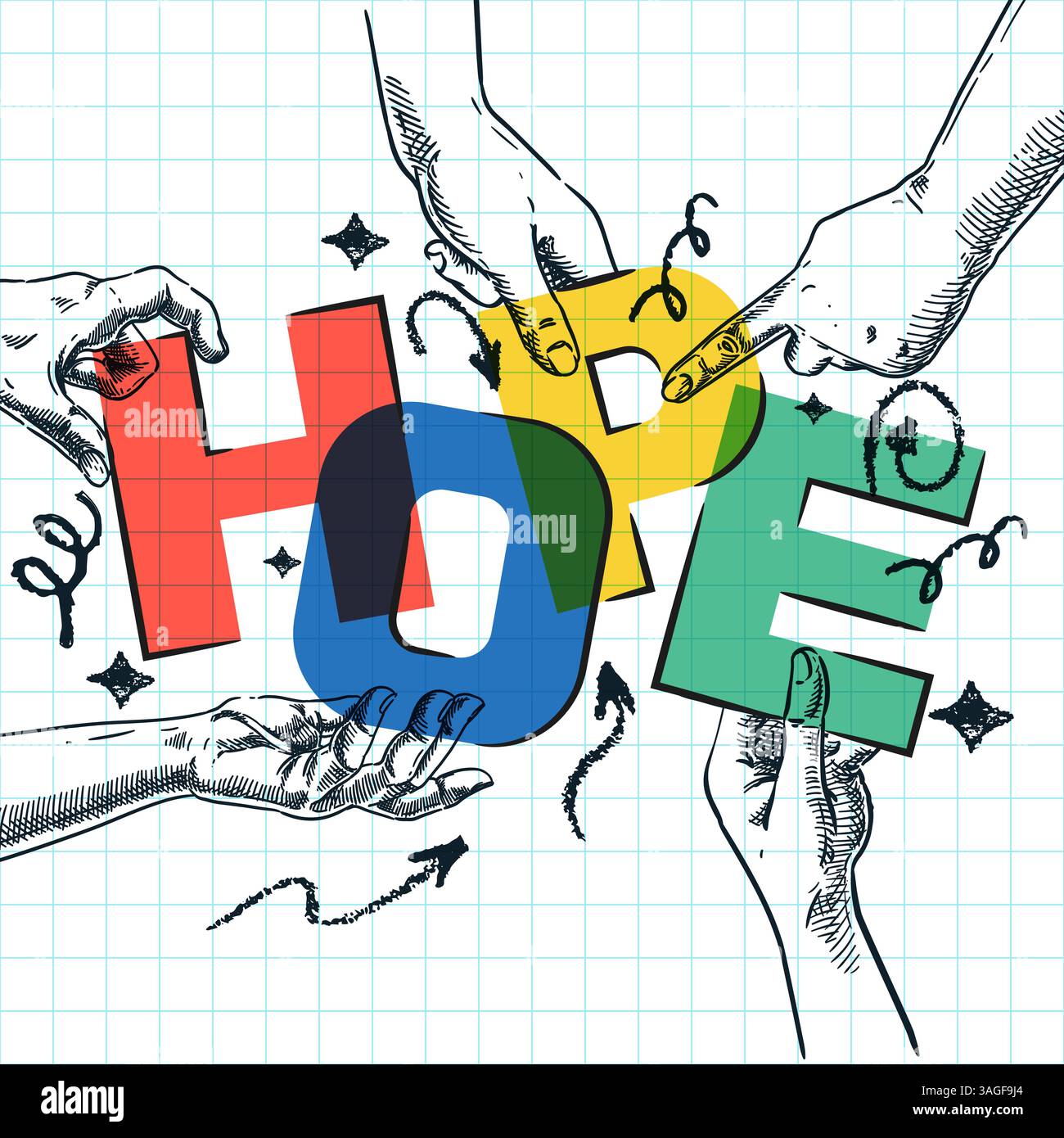 Vibrant letters, forming word hope in human hands. Vector hand drawn ...