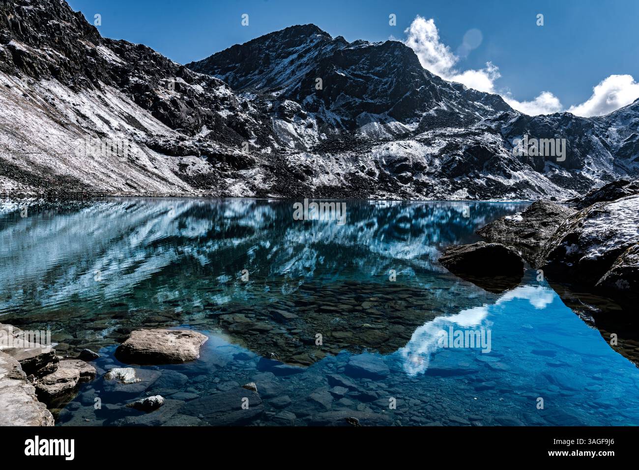 Vibrant Gosaikunda blue-green mountain glacial Lake with sunshine ...
