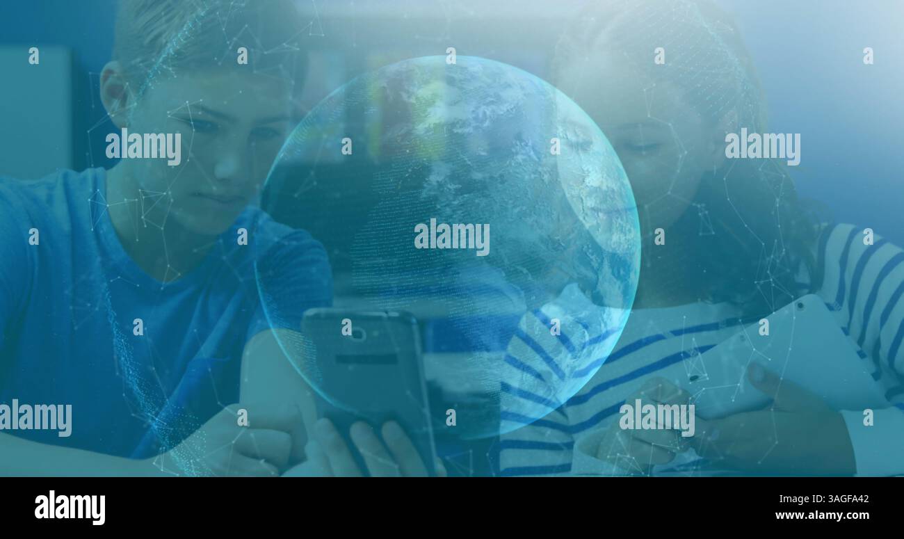 Image of network of connections and globe over school children using ...