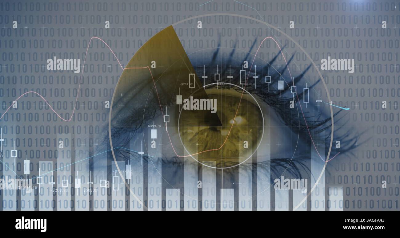 Image of statistics and scope scanning with binary coding over woman's eye in background. global ...