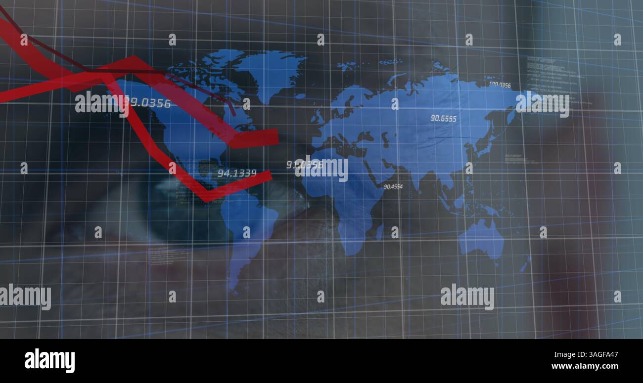 Image of red lines recording over world map and man's eye in background ...