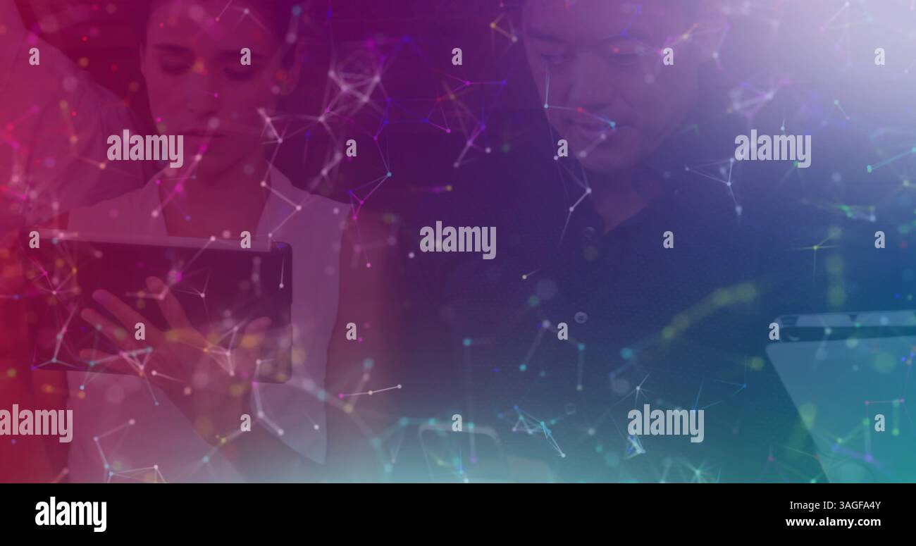 Image of network of connections over people using electronic devices on ...