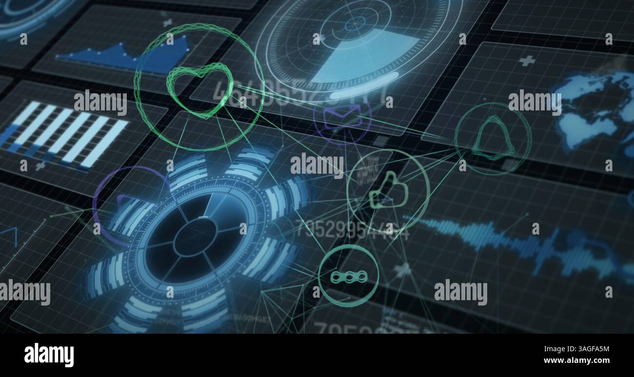 Image of network of connection over data processing digital screens ...