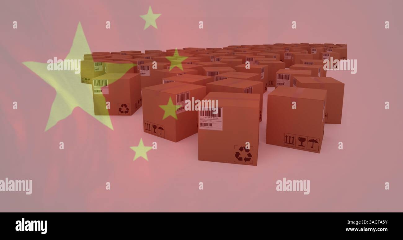 Image of chinese flag waving over cardboard boxes in background Stock ...