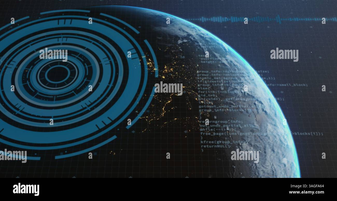 Image of data processing and scanning over earth seen from space ...