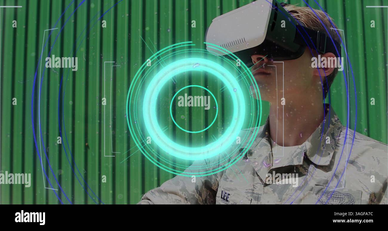 Light trails over neon scope scanner against soldier in uniform wearing ...