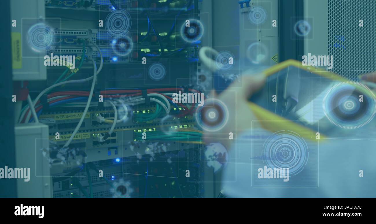 Image of scopes scanning and data processing on screens over man checking computer server Stock ...