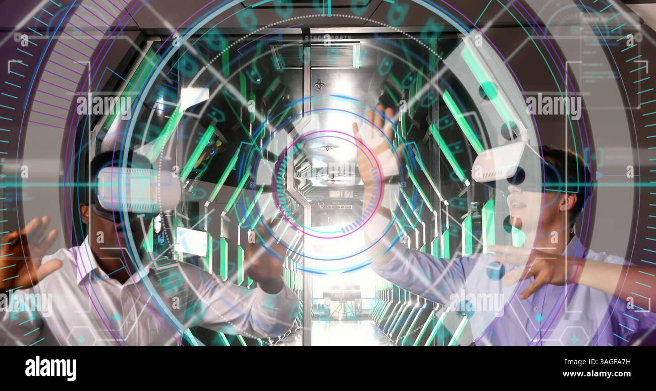 Data processing and scope scanner over two diverse men gesturing while ...