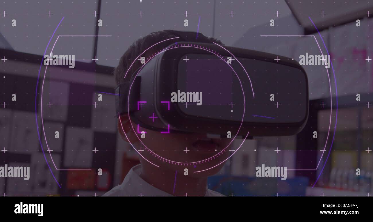 Scope scanning over grid network against caucasian boy wearing vr headset at school Stock Photo ...