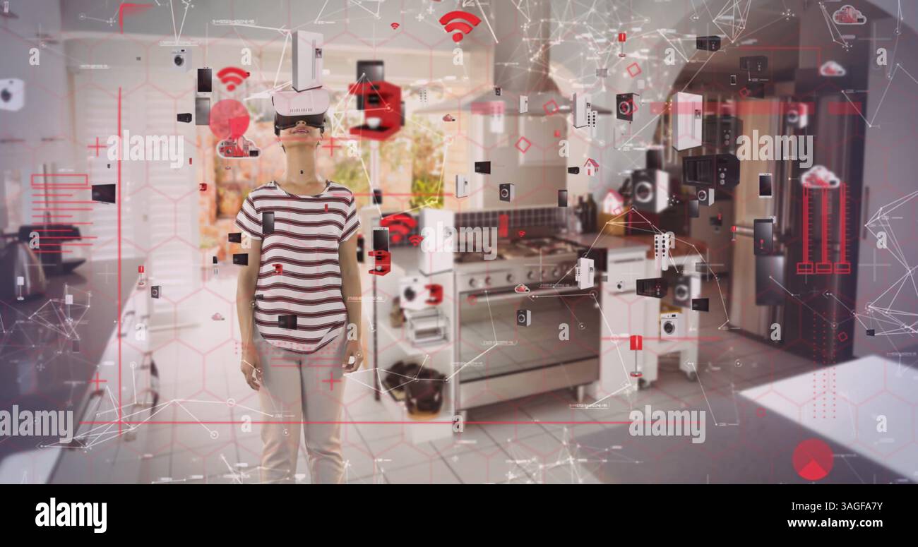 Image of data processing with digital icons over woman wearing vr ...