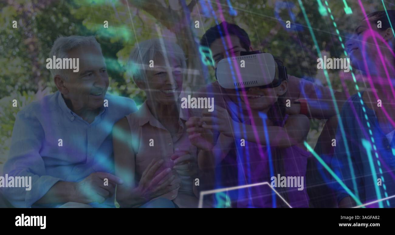 Scope scanning over grid network against caucasian girl wearing vr headset in the garden with ...