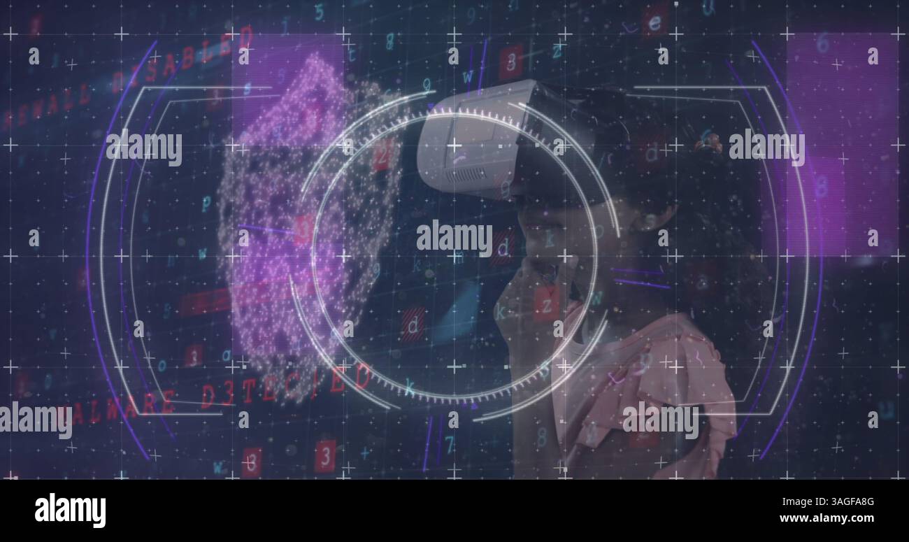 Light trails and scope scanning over cyber security data processing against girl wearing vr ...