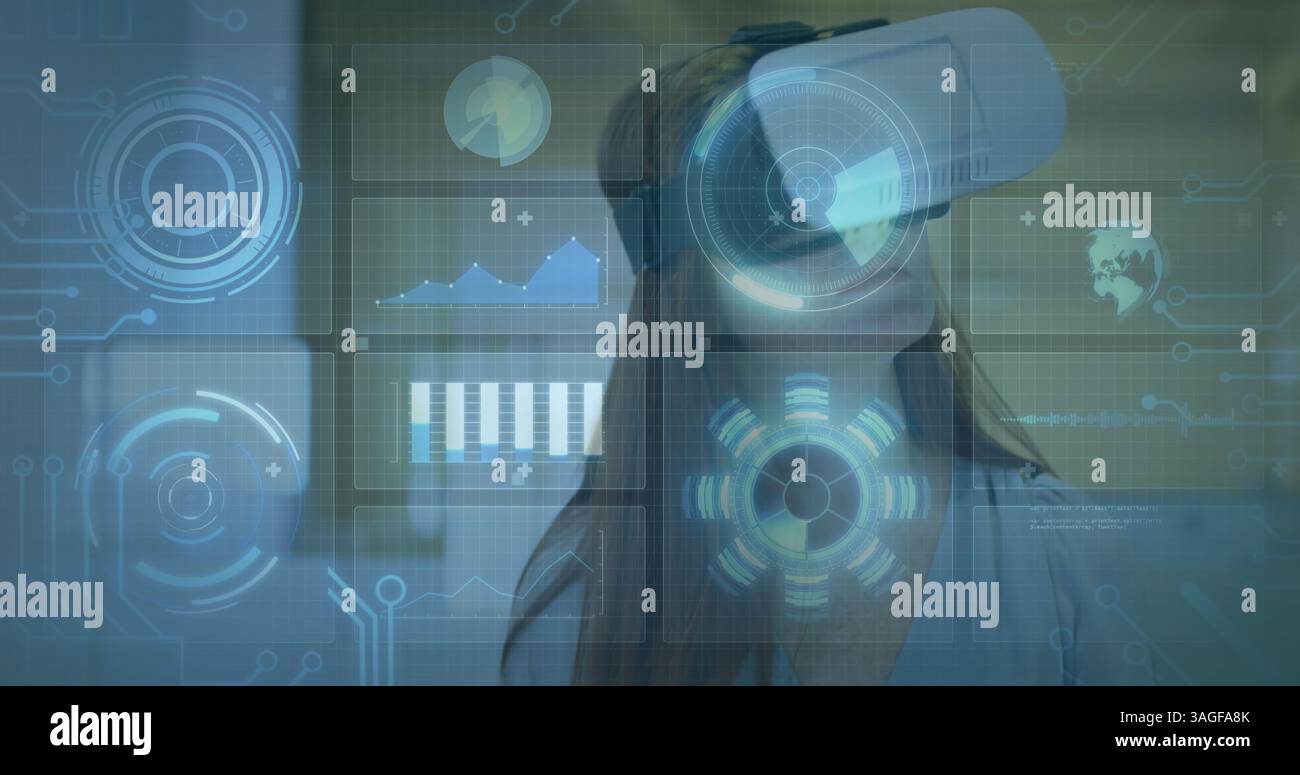 Image of scopes scanning on screens and data processing over woman ...