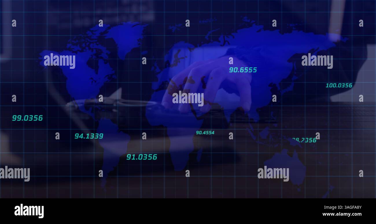 Multiple numbers floating over world map against person typing on ...
