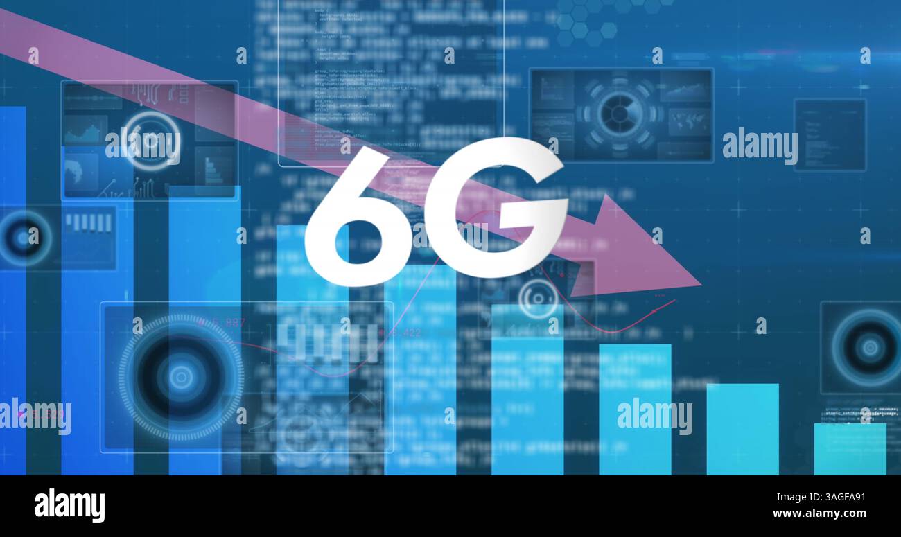Image of 6g text, data processing and scopes scanning on screens over ...