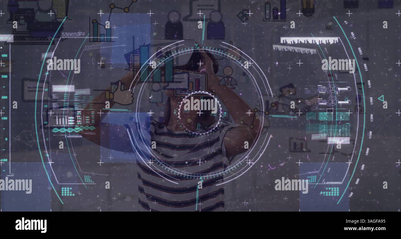 Data processing and scope scanner over digital icons floating against ...