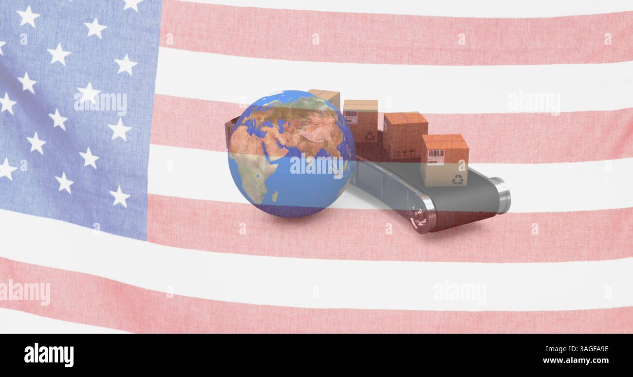 Image of american flag waving over globe on cardboard boxes on conveyor ...