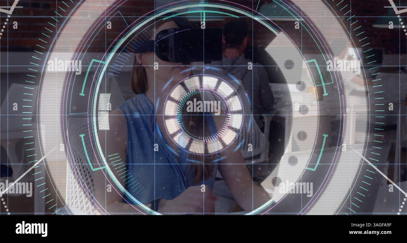 Light trails over scope scanning against caucasian girl wearing vr headset at college Stock ...