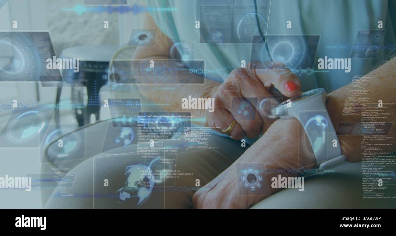 Image of scopes scanning and data processing on screens over woman checking smartwatch Stock ...