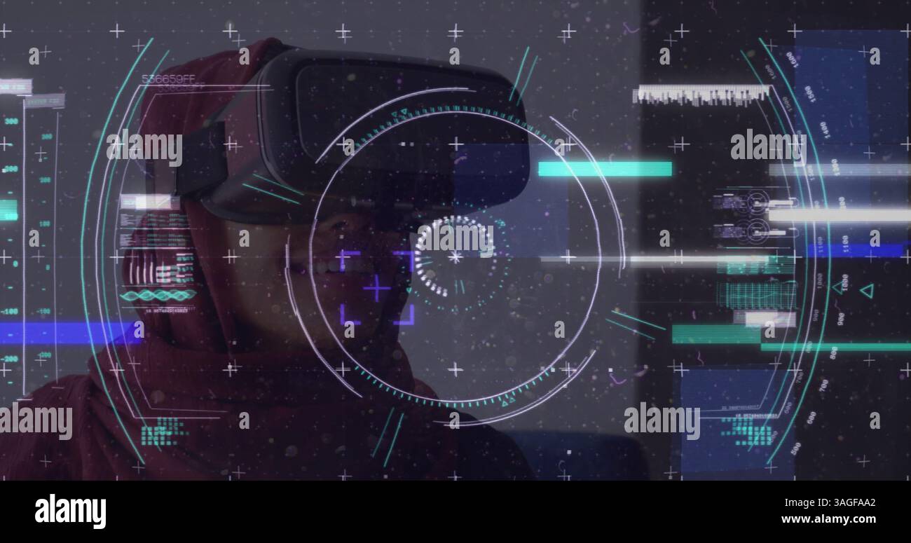 Image of scope scanning over smiling woman in hijab wearing vr headset ...